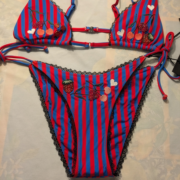 Swim | Striped Bikini With Fruit Embroidery | Poshmark